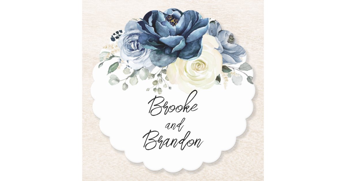 Dusty Blue Navy Champagne Ivory Floral Wedding Pap Paper Coaster | Zazzle