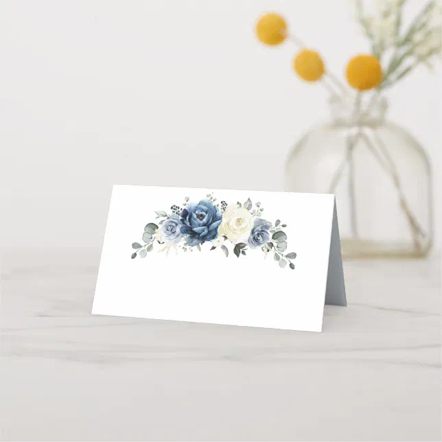 Dusty Blue Navy Champagne Ivory Floral Wedding Pla Place Card | Zazzle