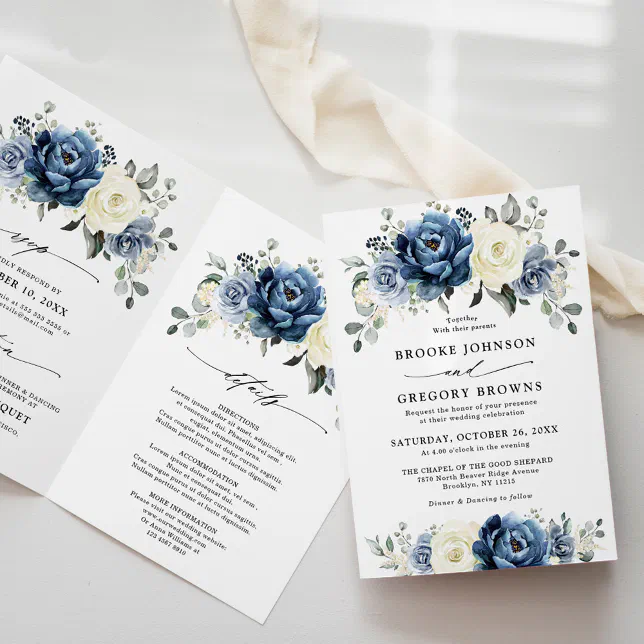Dusty Blue Navy Champagne Ivory Folded Wedding Invitation | Zazzle