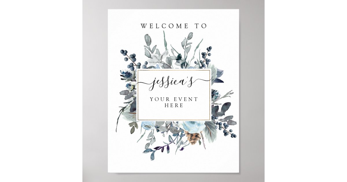 Dusty Blue Navy Floral Any Event Welcome Sign | Zazzle