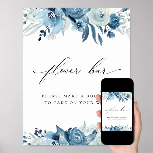 Dusty Blue Navy Floral Bridal Shower Flower Bar Poster | Zazzle