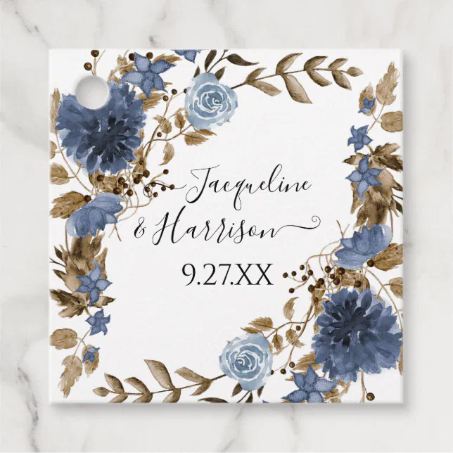 Dusty Blue Navy Floral Rustic Fall Neutral Foliage Favor Tags | Zazzle