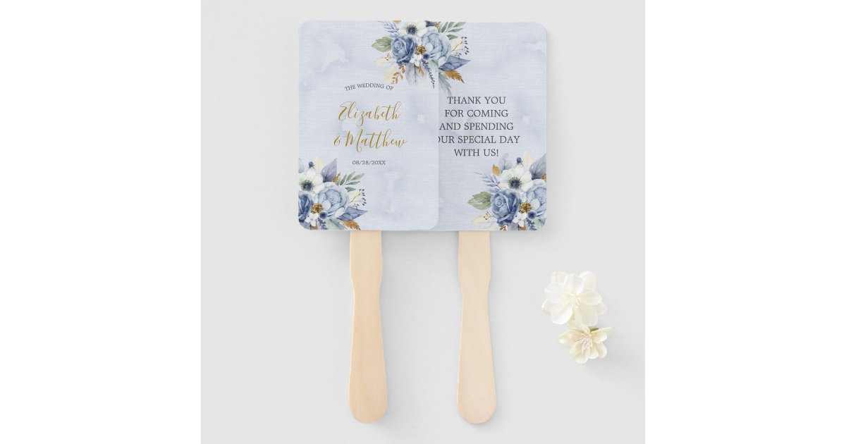 Dusty Blue Navy Watercolor Chic Peony Wedding Hand Fan | Zazzle