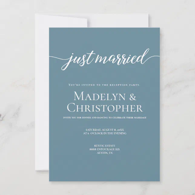Dusty blue party Only Wedding Photo Just married Invitation | Zazzle