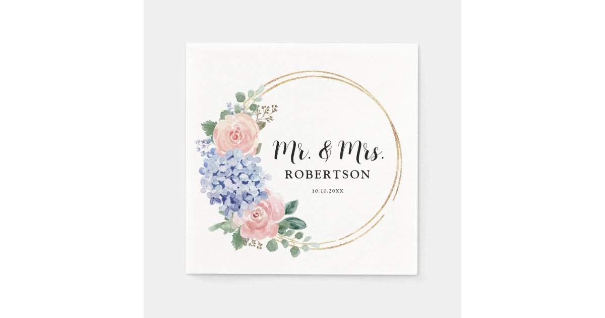 Dusty Blue Pastel Pink hydrangeas Floral Wedding Napkins | Zazzle