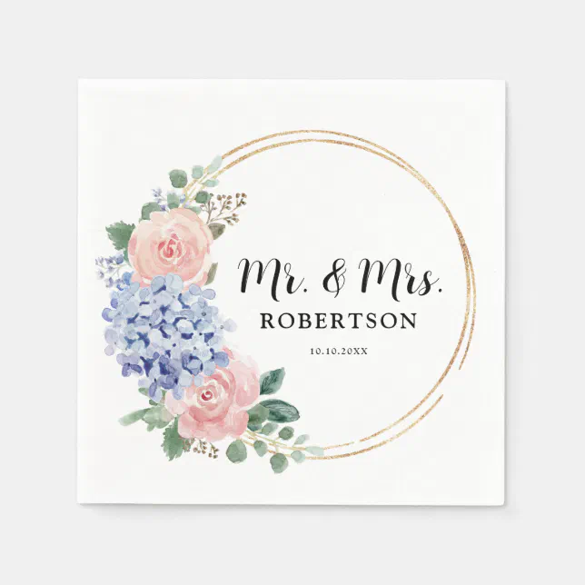 Dusty Blue Pastel Pink hydrangeas Floral Wedding Napkins | Zazzle