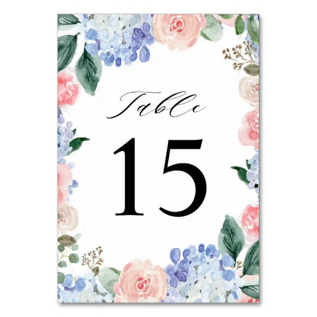 Dusty Blue Pastel Pink hydrangeas Wedding Table Number | Zazzle