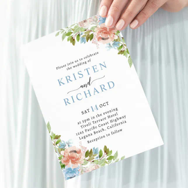 Dusty Blue Peach Floral Greenery Wedding Invitation | Zazzle Dusty Blue Peach Floral Greenery Wedding Invitation | Zazzle