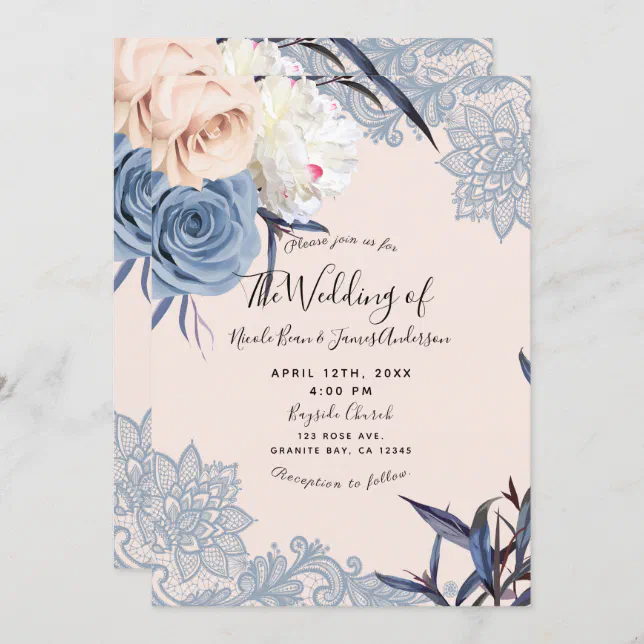 Dusty Blue & Peach Floral Lace Wedding Invitation | Zazzle Dusty Blue & Peach Floral Lace Wedding Invitation | Zazzle