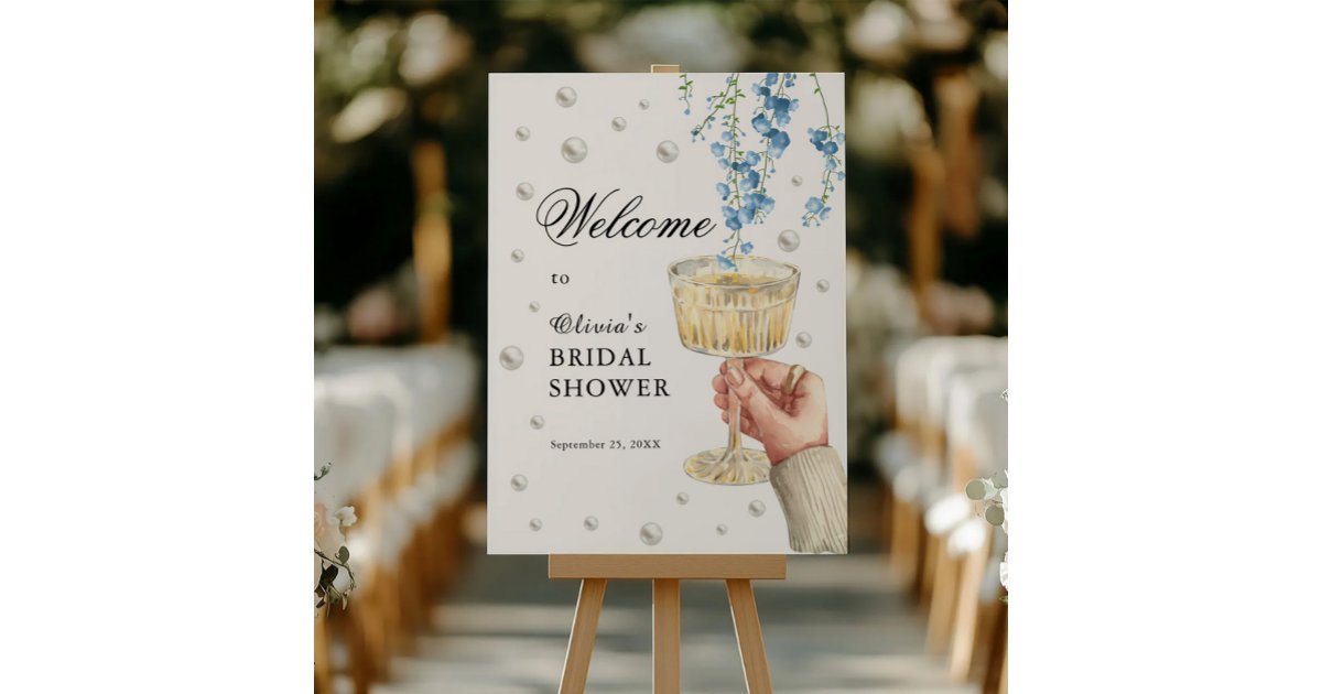 Dusty Blue Pearls & Prosecco Bridal Shower Welcome Foam Board | Zazzle