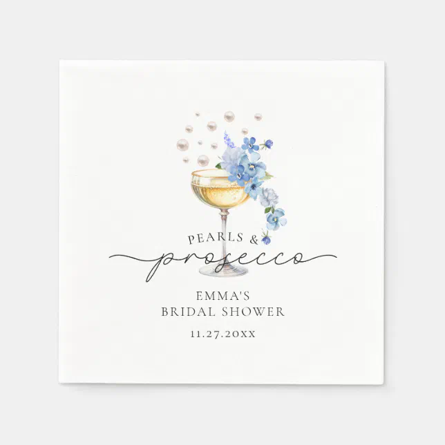 Dusty Blue Pearls & Prosecco Floral Bridal Shower Napkins | Zazzle