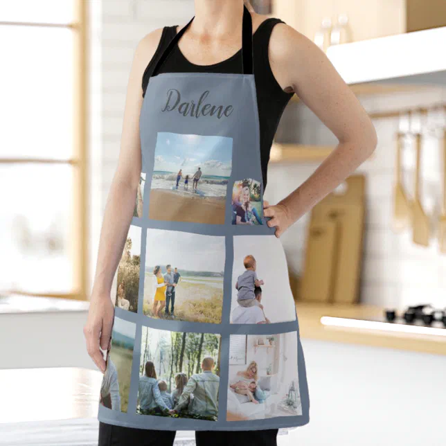 Dusty Blue Personalized Family Photo Collage Name Apron | Zazzle