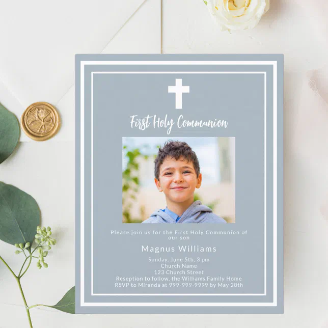 Dusty blue photo First Holy Communion invitation | Zazzle