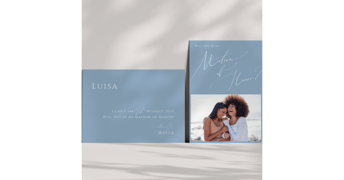 Dusty Blue Photo Matron of Honor Proposal Card | Zazzle