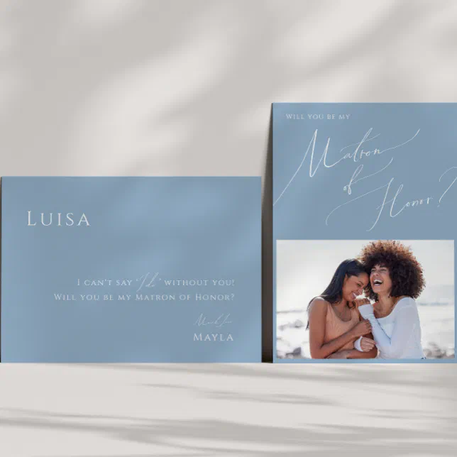 Dusty Blue Photo Matron of Honor Proposal Card | Zazzle