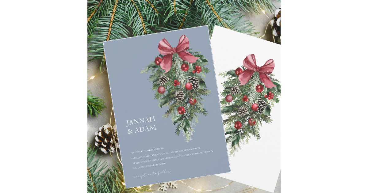 Dusty Blue Pine Bough Red Bow Wedding Invitation | Zazzle