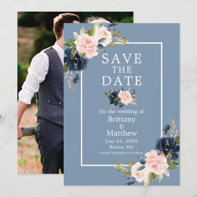 Dusty Blue Pink Blush Floral Photo Save the Date | Zazzle