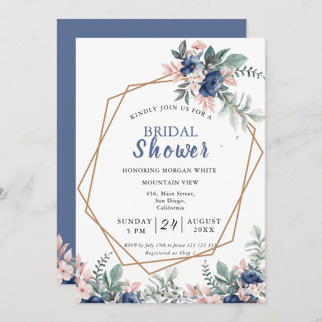 Dusty Blue Pink Floral Gold Frame Bridal Shower Invitation Zazzle
