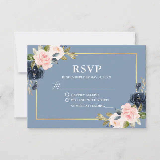 Dusty Blue Pink Floral Gold Frame Wedding RSVP | Zazzle