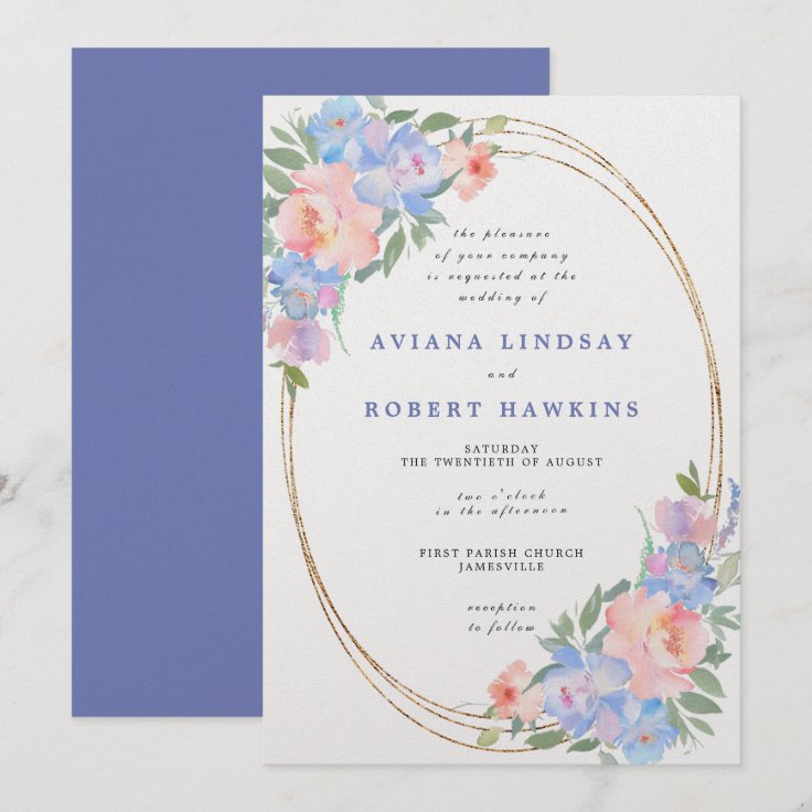 Dusty Blue Pink Floral Watercolor Wedding Invitation | Zazzle