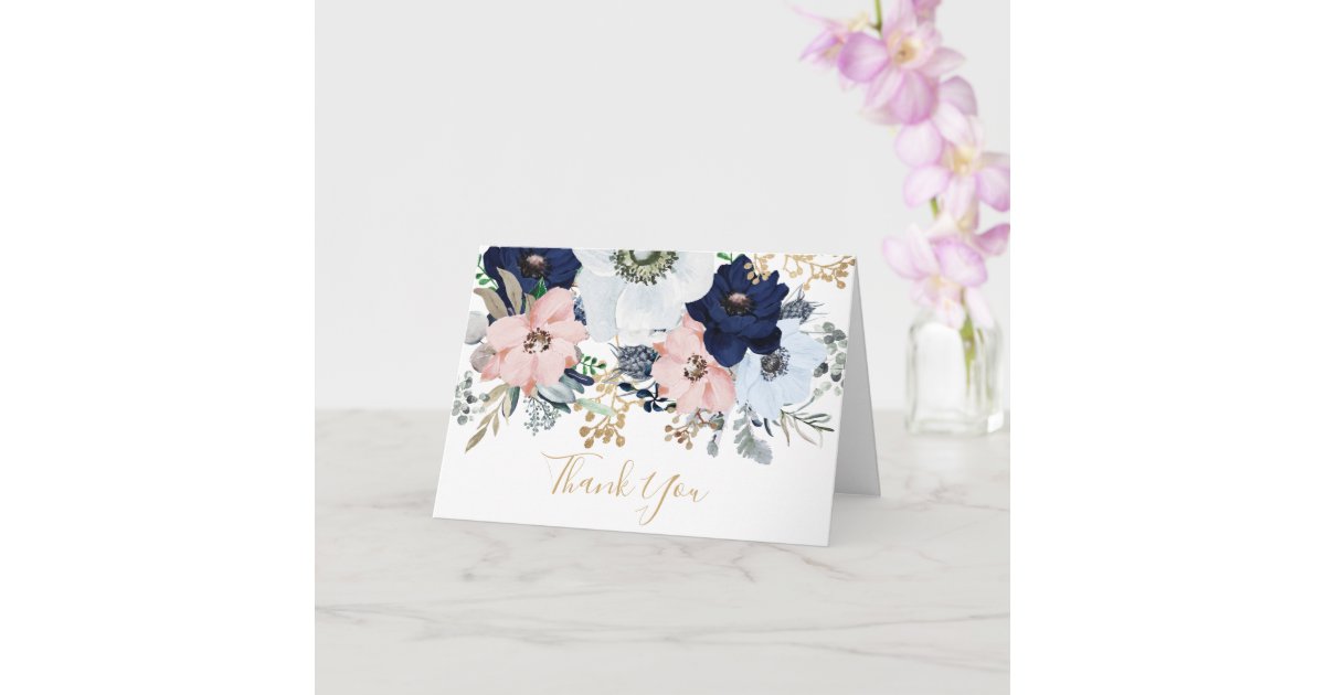 Dusty Blue & Pink Rose Thank You Card | Zazzle