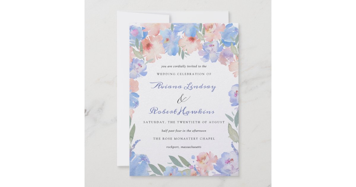 Dusty Blue Pink Watercolor Floral Wedding Inv Invitation | Zazzle