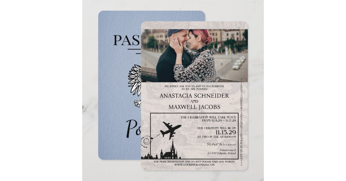 Dusty Blue Poland Passport Wedding Invitation | Zazzle
