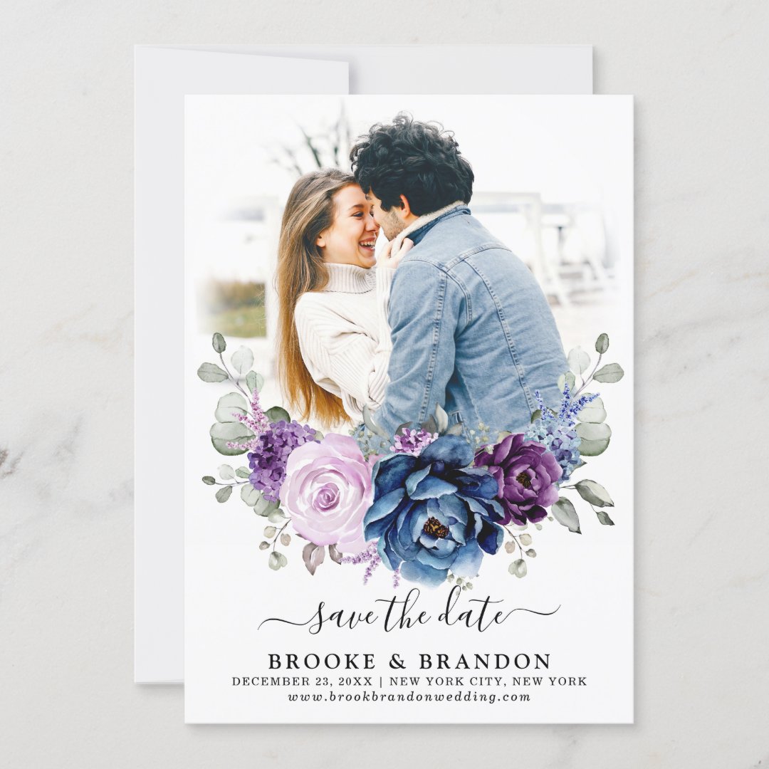 Dusty Blue Purple Navy Lilac Blooms Wedding Photo Save The Date | Zazzle