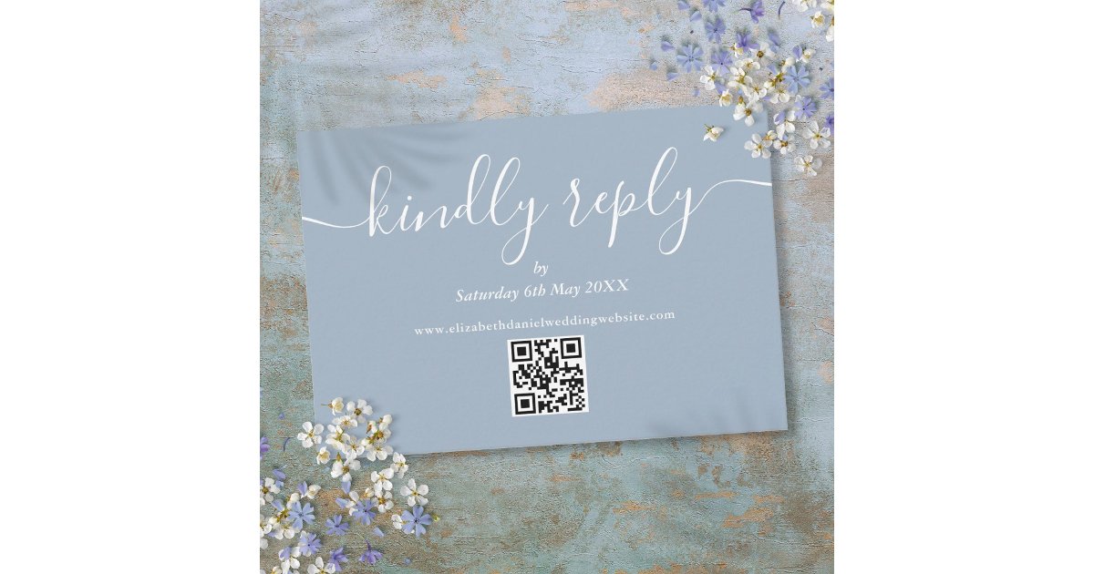 Dusty Blue QR Code Elegant Script Kindly Reply RSVP Card | Zazzle