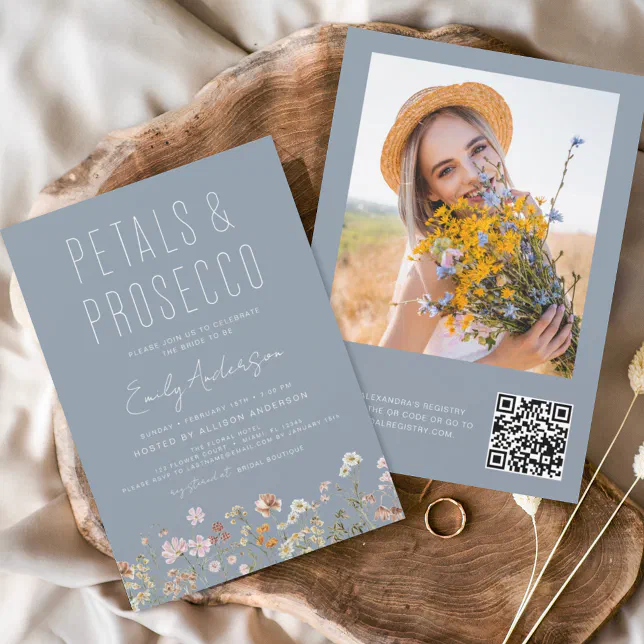 Dusty Blue QR Code Wildflower Petals & Prosecco Flyer | Zazzle