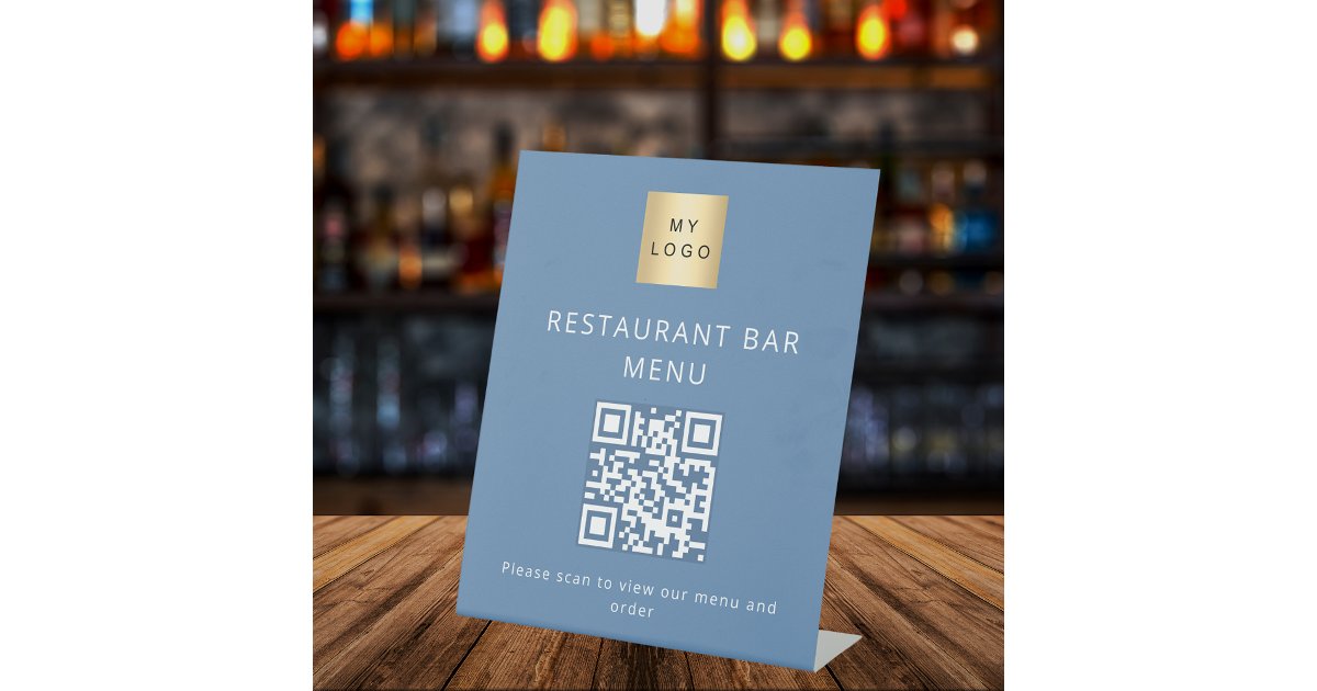Dusty blue restaurant cafe bar scan menu QR code Pedestal Sign | Zazzle