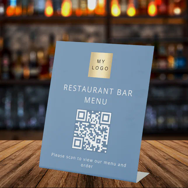 Dusty blue restaurant cafe bar scan menu QR code Pedestal Sign | Zazzle