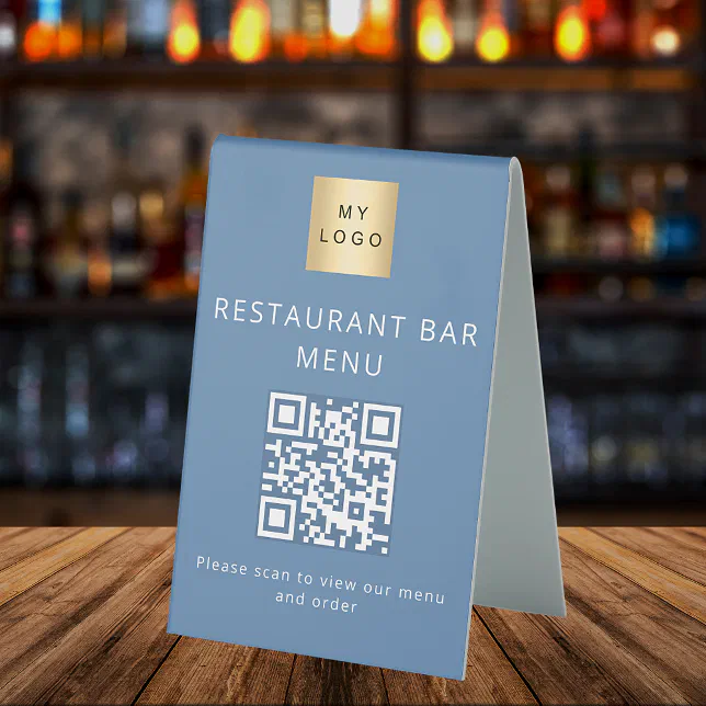Dusty blue restaurant cafe bar scan menu QR code Table Tent Sign | Zazzle