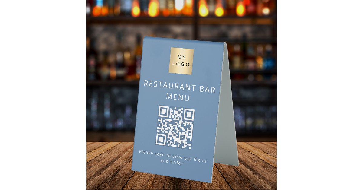 Dusty blue restaurant cafe bar scan menu QR code Table Tent Sign | Zazzle