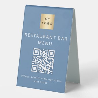 Dusty blue restaurant cafe bar scan menu QR code Table Tent Sign | Zazzle
