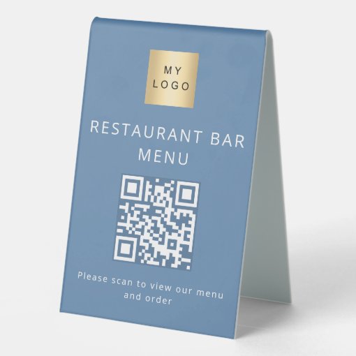 Dusty blue restaurant cafe bar scan menu QR code Table Tent Sign | Zazzle