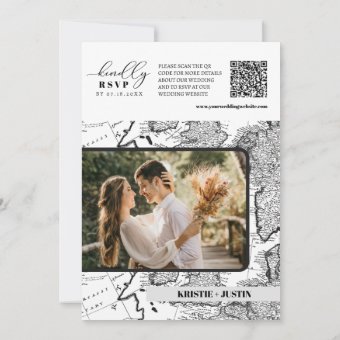 Dusty Blue Retro Travel QR Code Photo Wedding Invitation | Zazzle