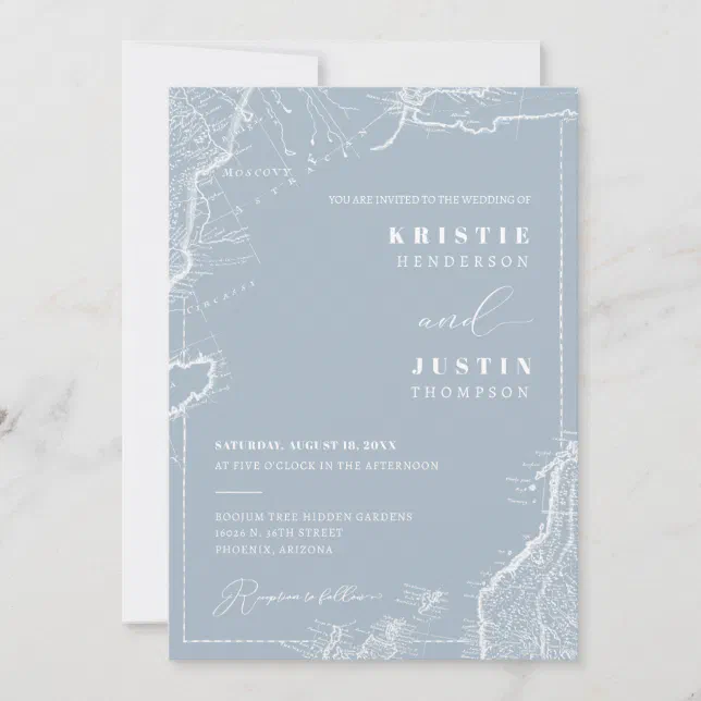 Dusty Blue Retro Travel QR Code Photo Wedding Invitation | Zazzle