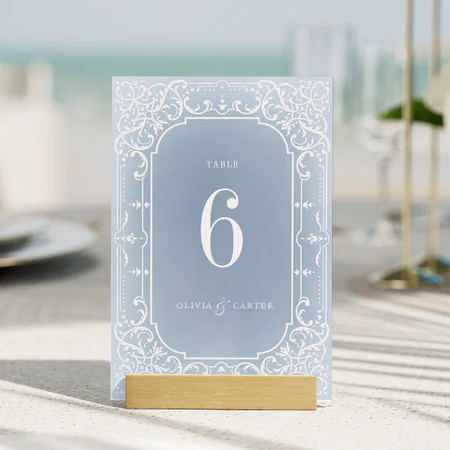 Dusty blue romantic vintage wedding table card | Zazzle