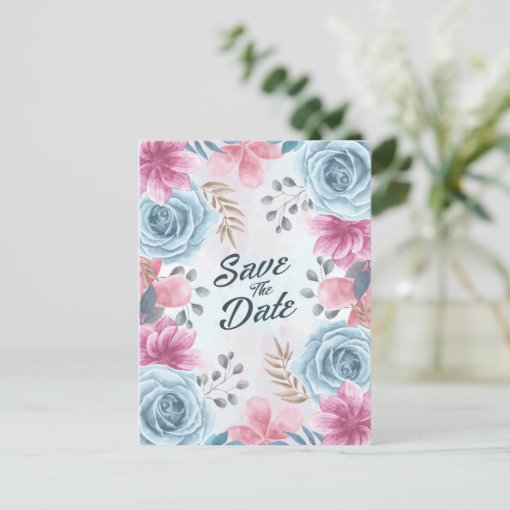 Dusty Blue Rose and Pink Floral Save the Date Postcard | Zazzle