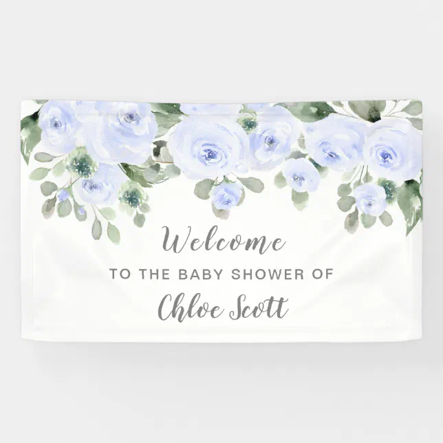 Dusty Blue Rose Floral Baby Shower Welcome Banner | Zazzle