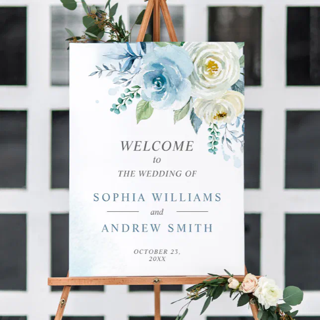 Dusty Blue Rose Floral Wedding Welcome Sign | Zazzle