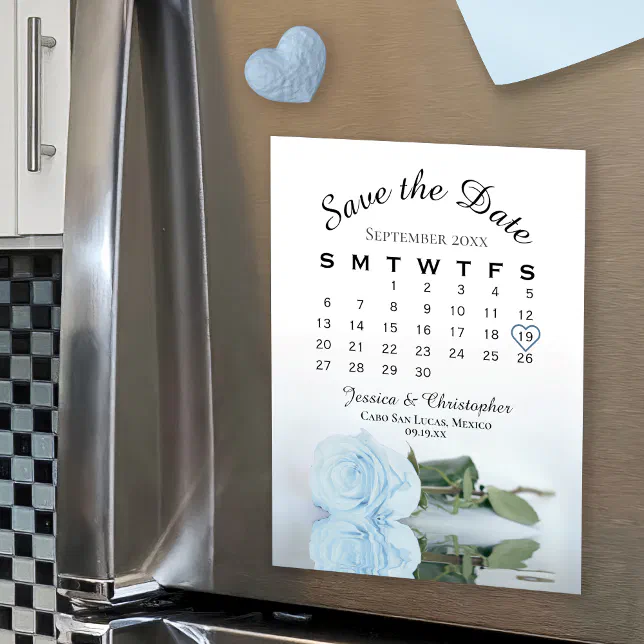 Dusty Blue Rose Save the Date Calendar Magnet | Zazzle