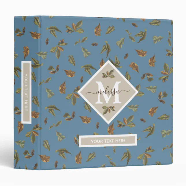 Dusty Blue Rustic Brown Leaves Monogrammed 3 Ring Binder | Zazzle