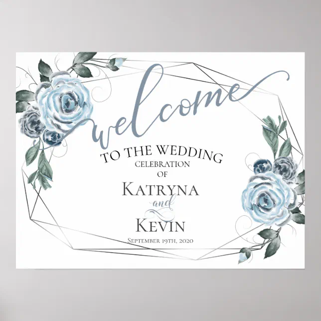 Dusty Blue Rustic Floral Wedding Welcome Poster | Zazzle
