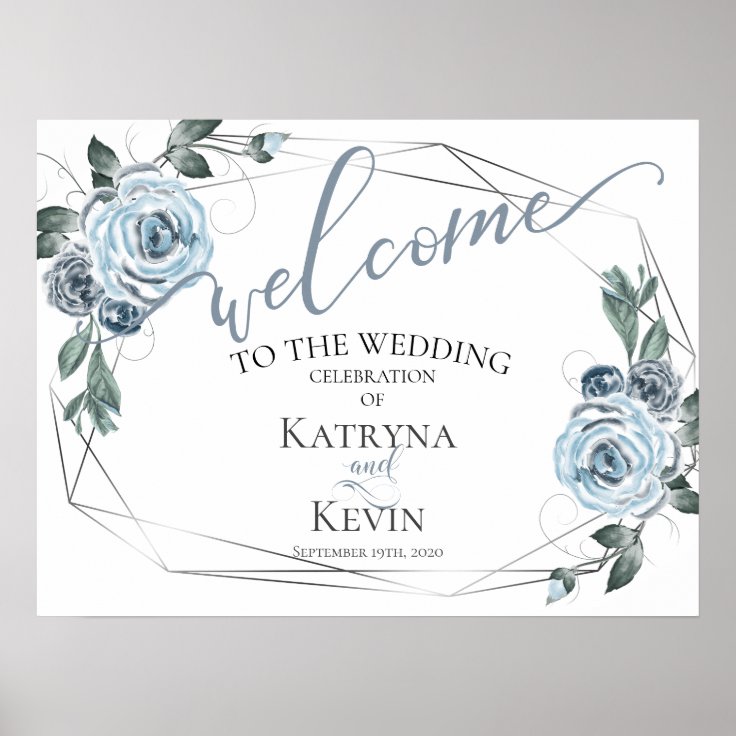 Dusty Blue Rustic Floral Wedding Welcome Poster | Zazzle