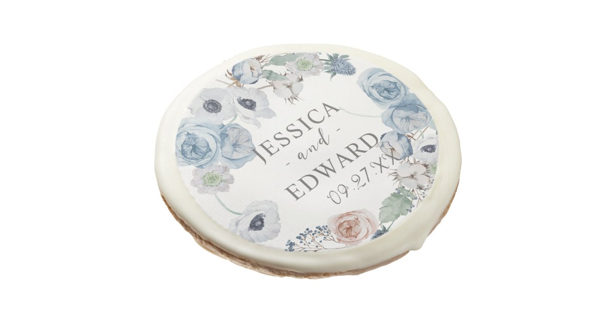 Dusty Blue Rustic Wedding Floral Sugar Cookie | Zazzle