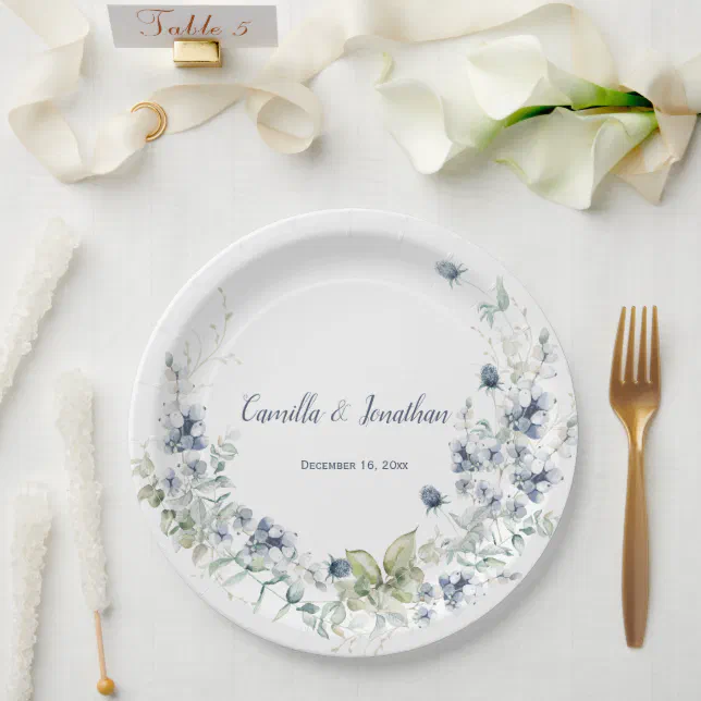 Dusty Blue Sage Green Winter Floral Wedding Paper Plates | Zazzle