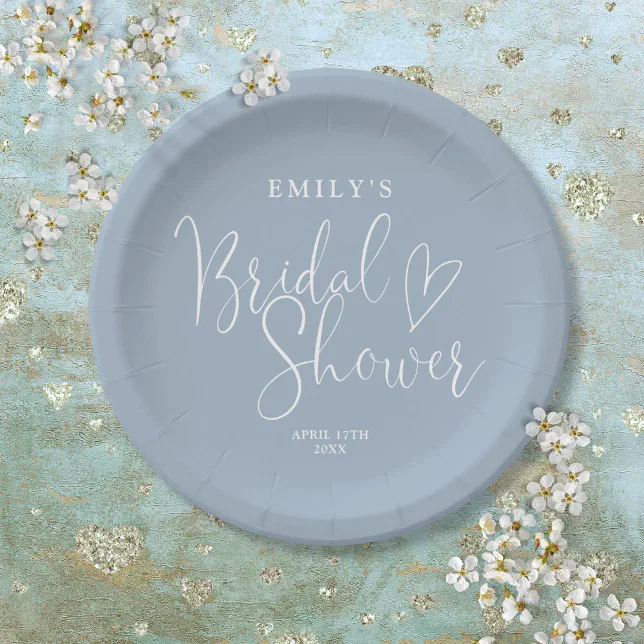 Dusty Blue Script Calligraphy Bridal Shower Paper Plates | Zazzle