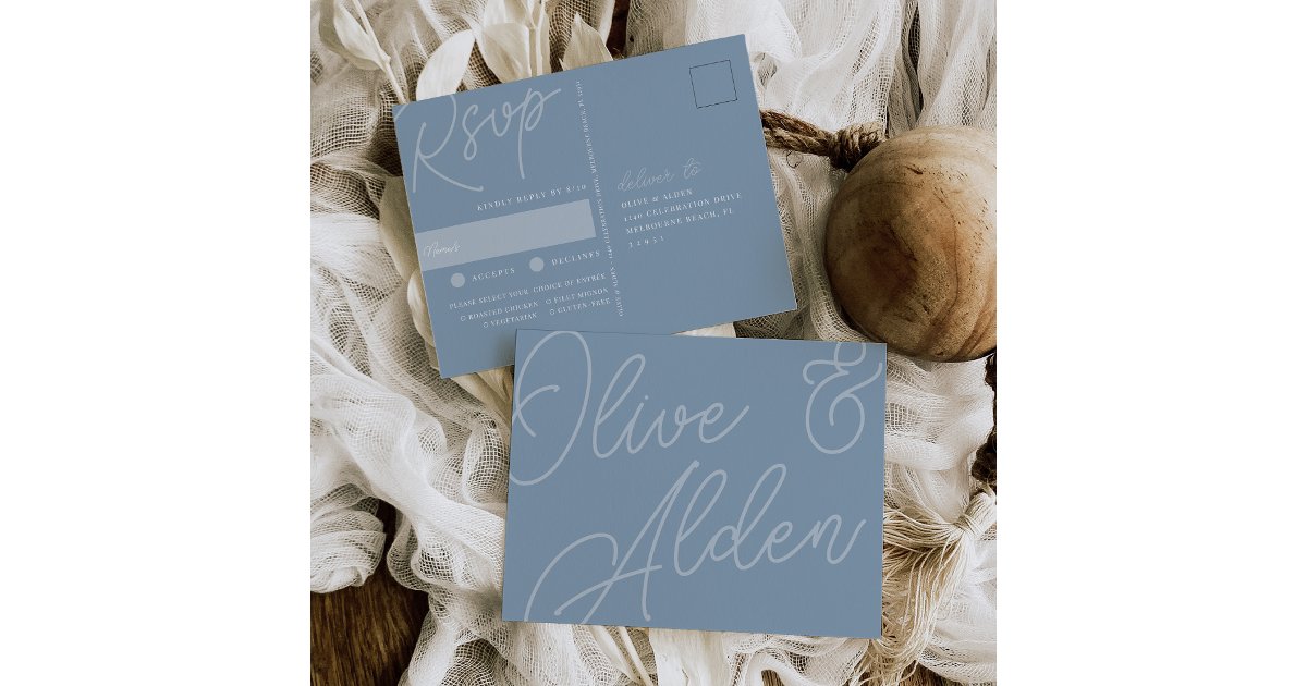 Dusty Blue | Script Watermark Meal Choice RSVP Postcard | Zazzle